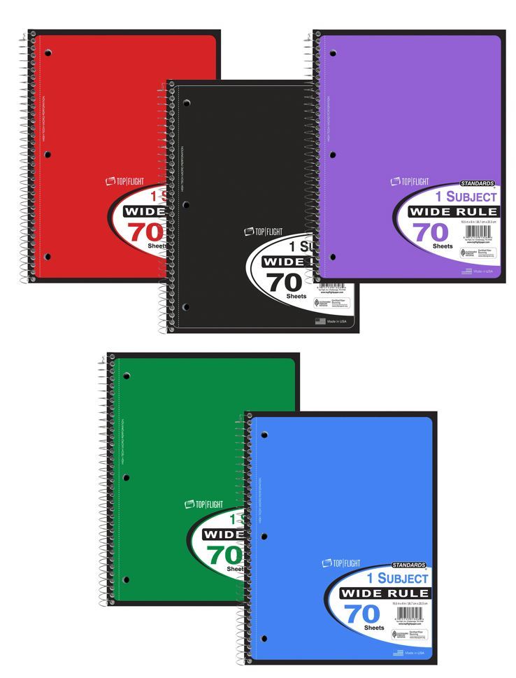 Wholesale Top Flight 1 Subject Wide Ruled Spiral Notebook 24 Count 