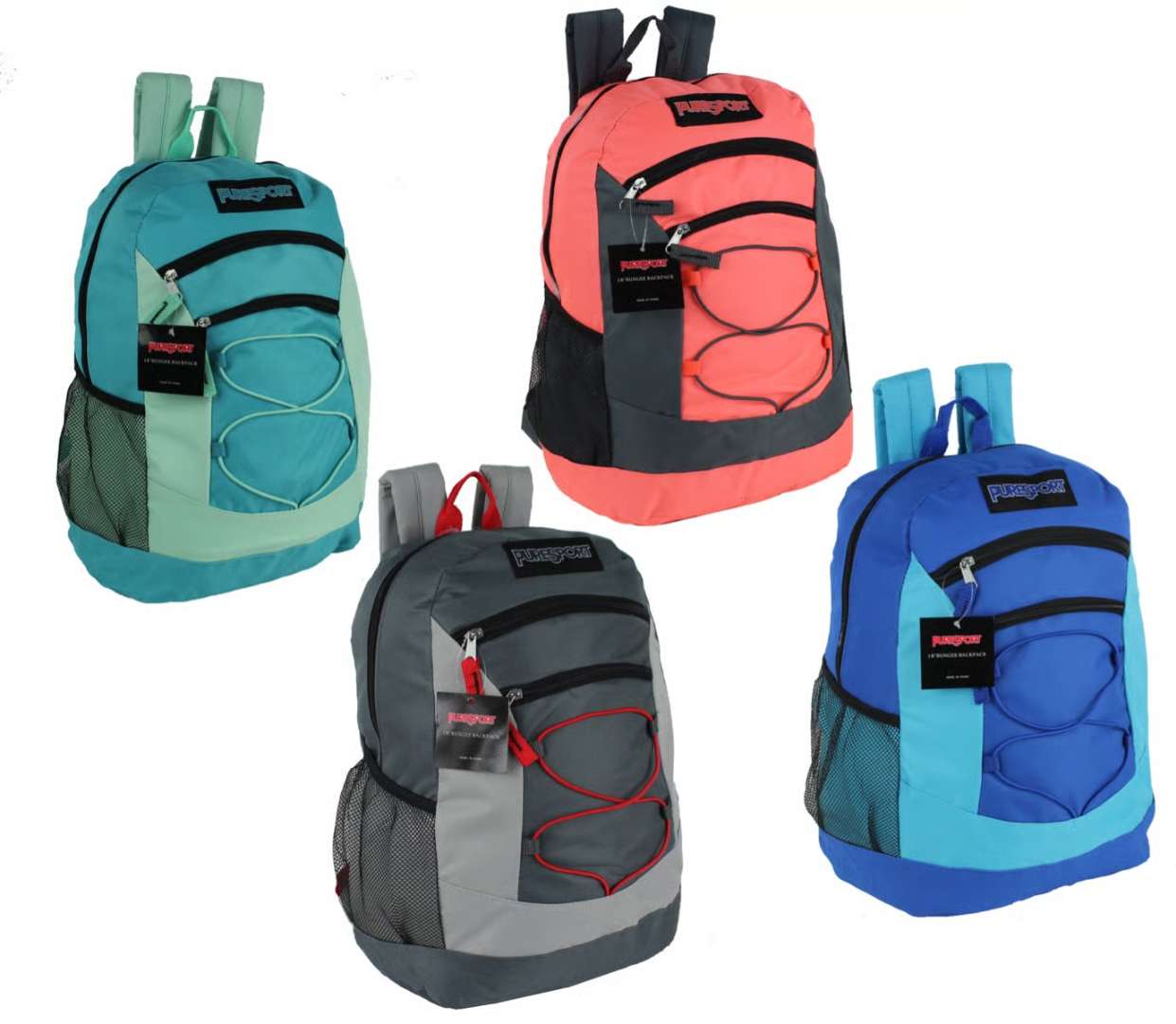 Bulk 18" Classic Bungee Backpacks - 3 Mesh Pockets, 600 D