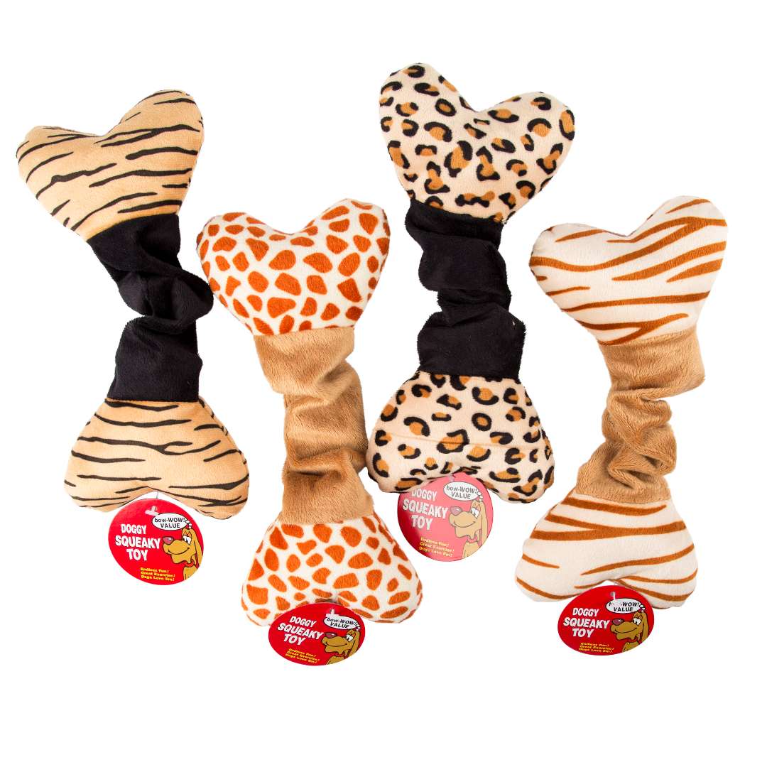 Bulk Plush Bone Dog Toys, Animal Print, with Elastic Stretch, Squeaker